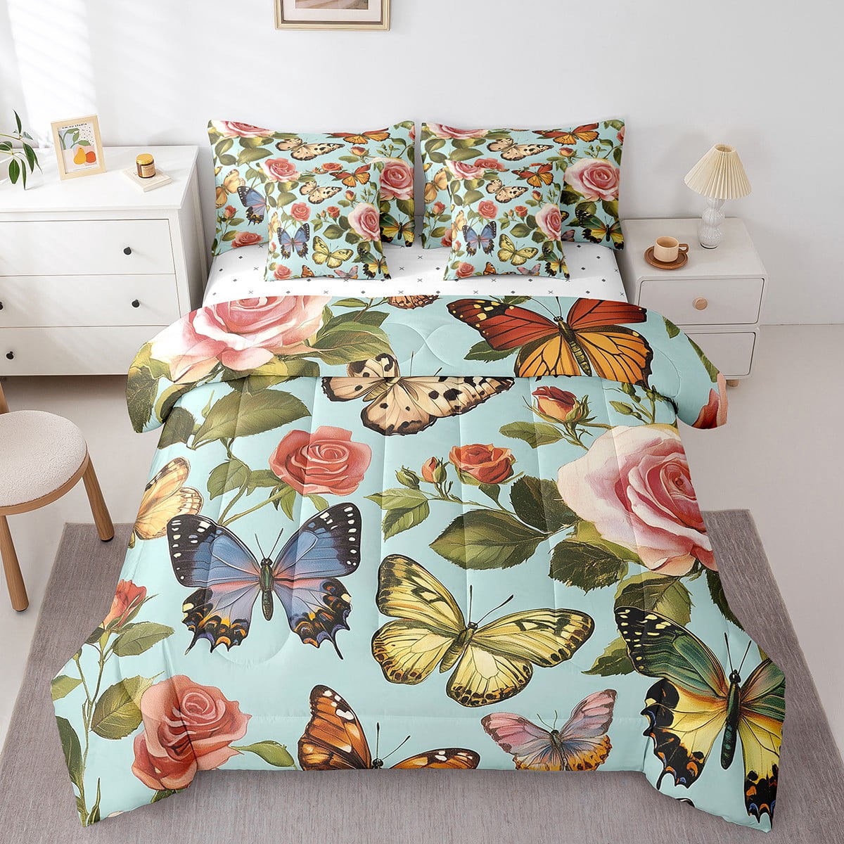 Roamantic Rose Full Comforter Set - 7 Pieces Bed in A Bag Butterflies ...