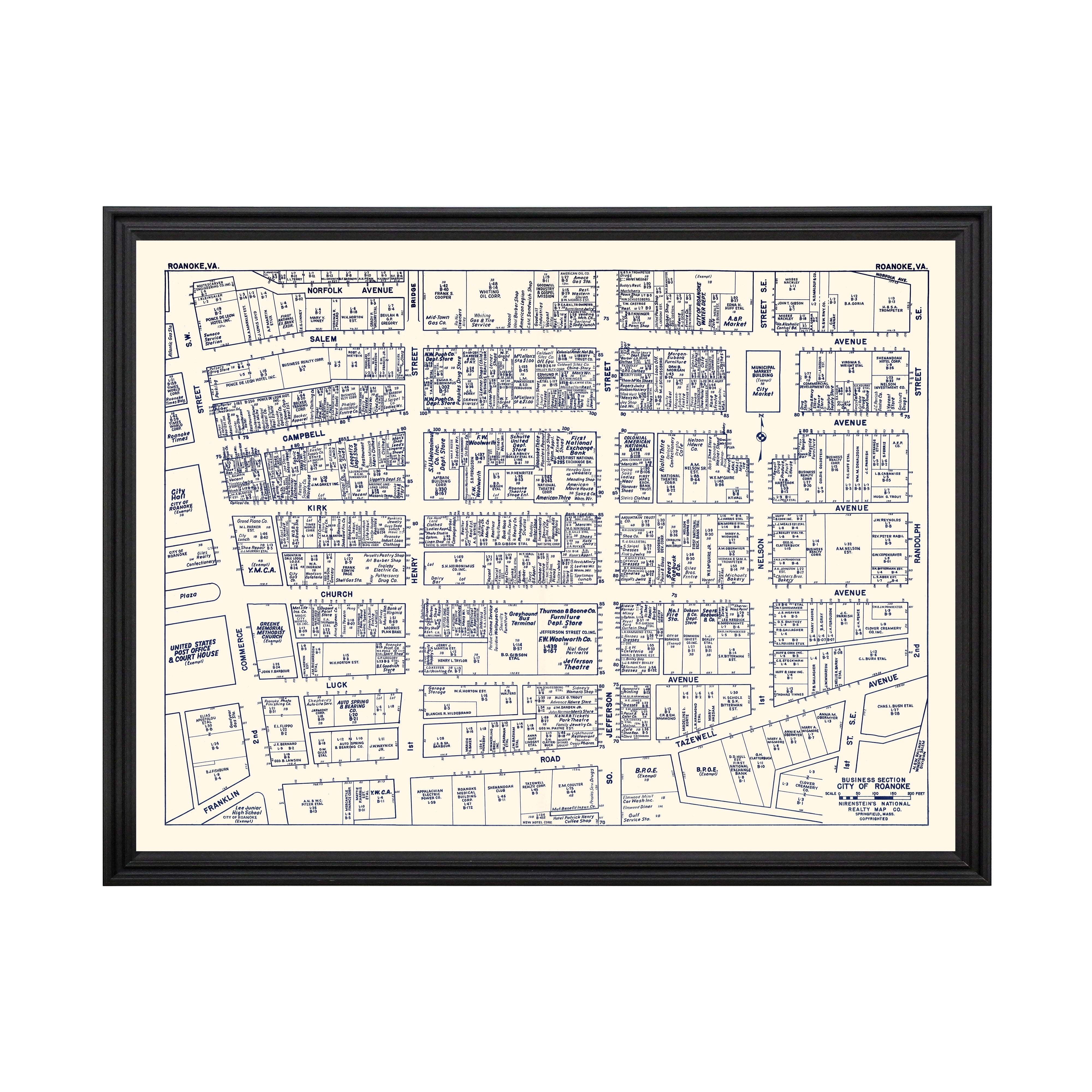 Roanoke Art, 1950 Vintage Map of Downtown Roanoke Virginia, VA History ...