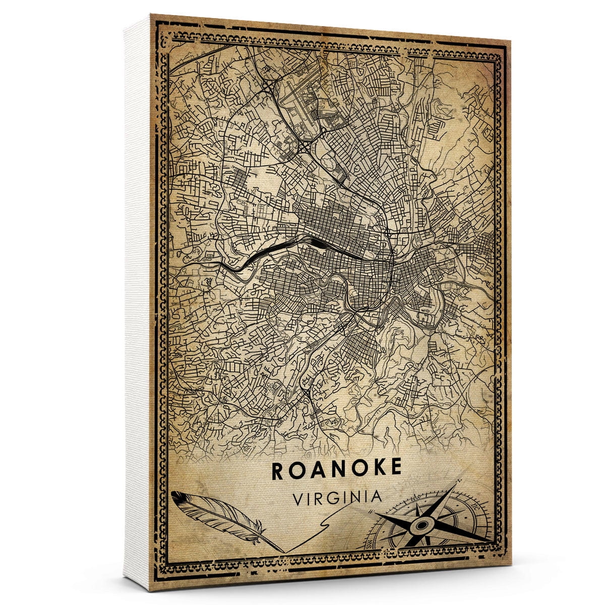 Roanoke Vintage Map Prints Canvas, Virginia Map Art Canvas, Canvas ...