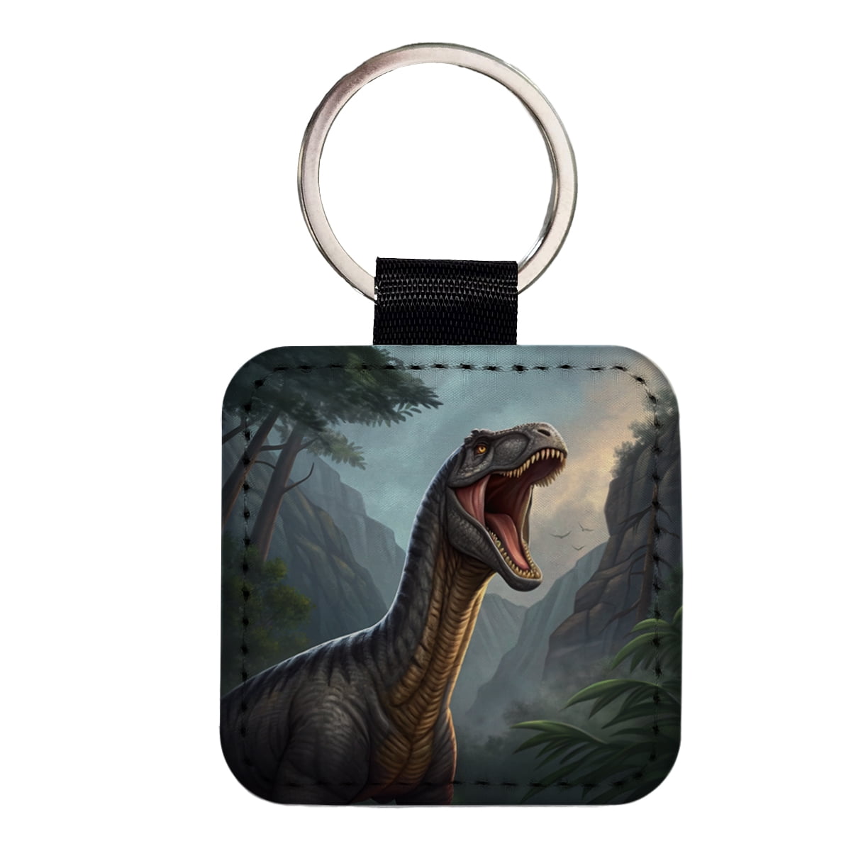 Roaring Argentinosaurus Dinosaur Mountains Faux Leather Square Keychain ...