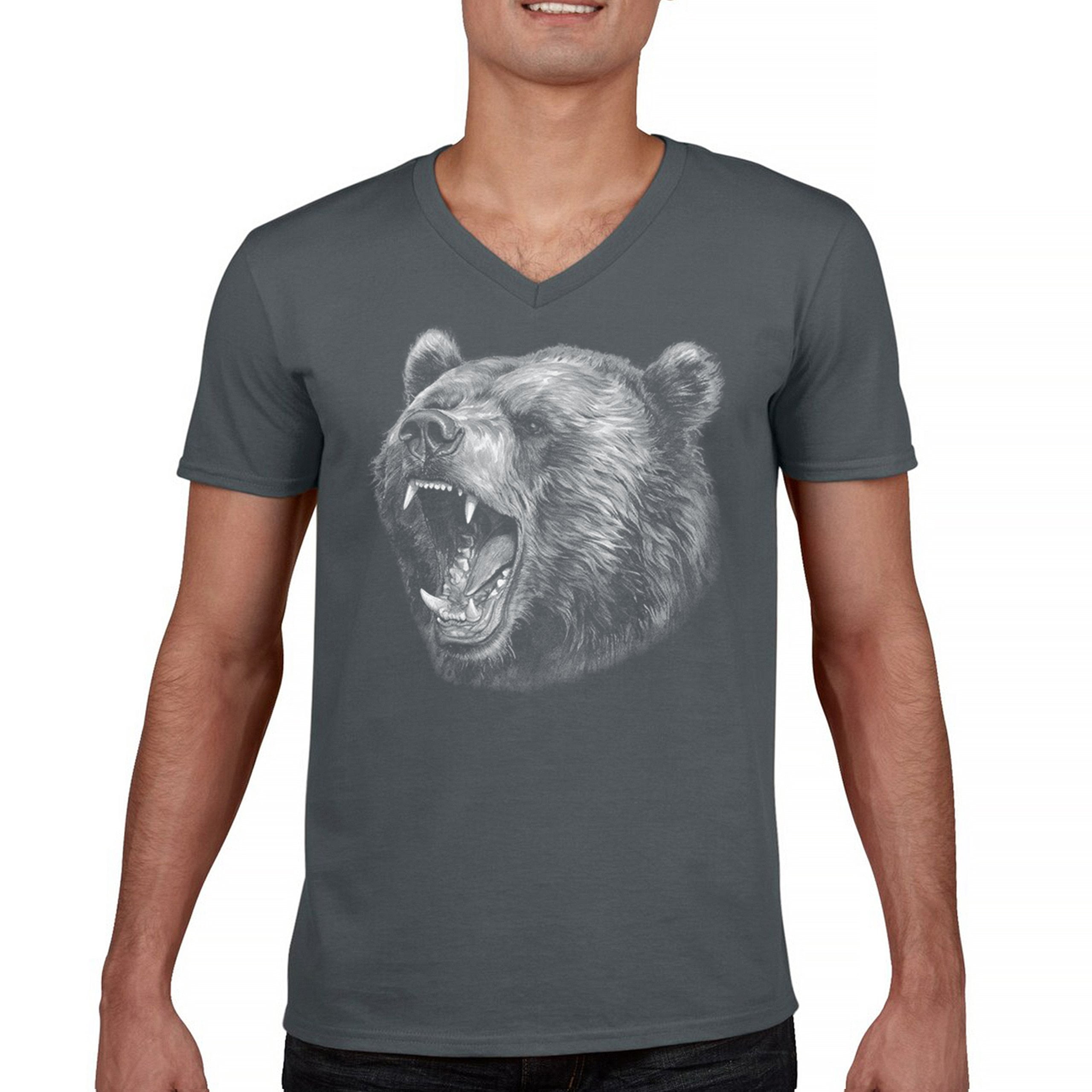 Roaring Grizzly Bear V-Neck T-shirt Wild Animal Fierce Black and White ...