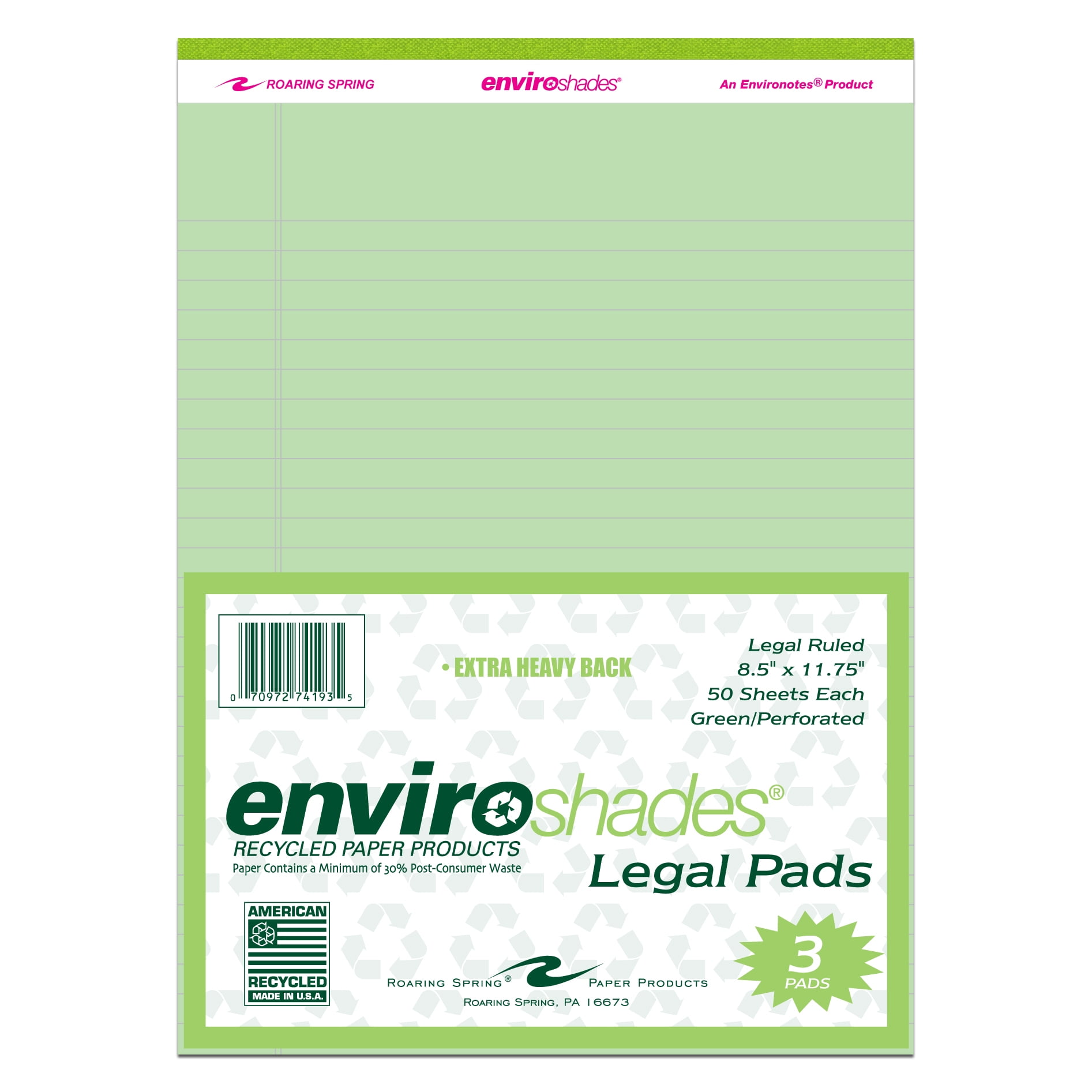 Roaring Spring Enviroshades Recycled Green Legal Pads, 3 Pack, 50 ...