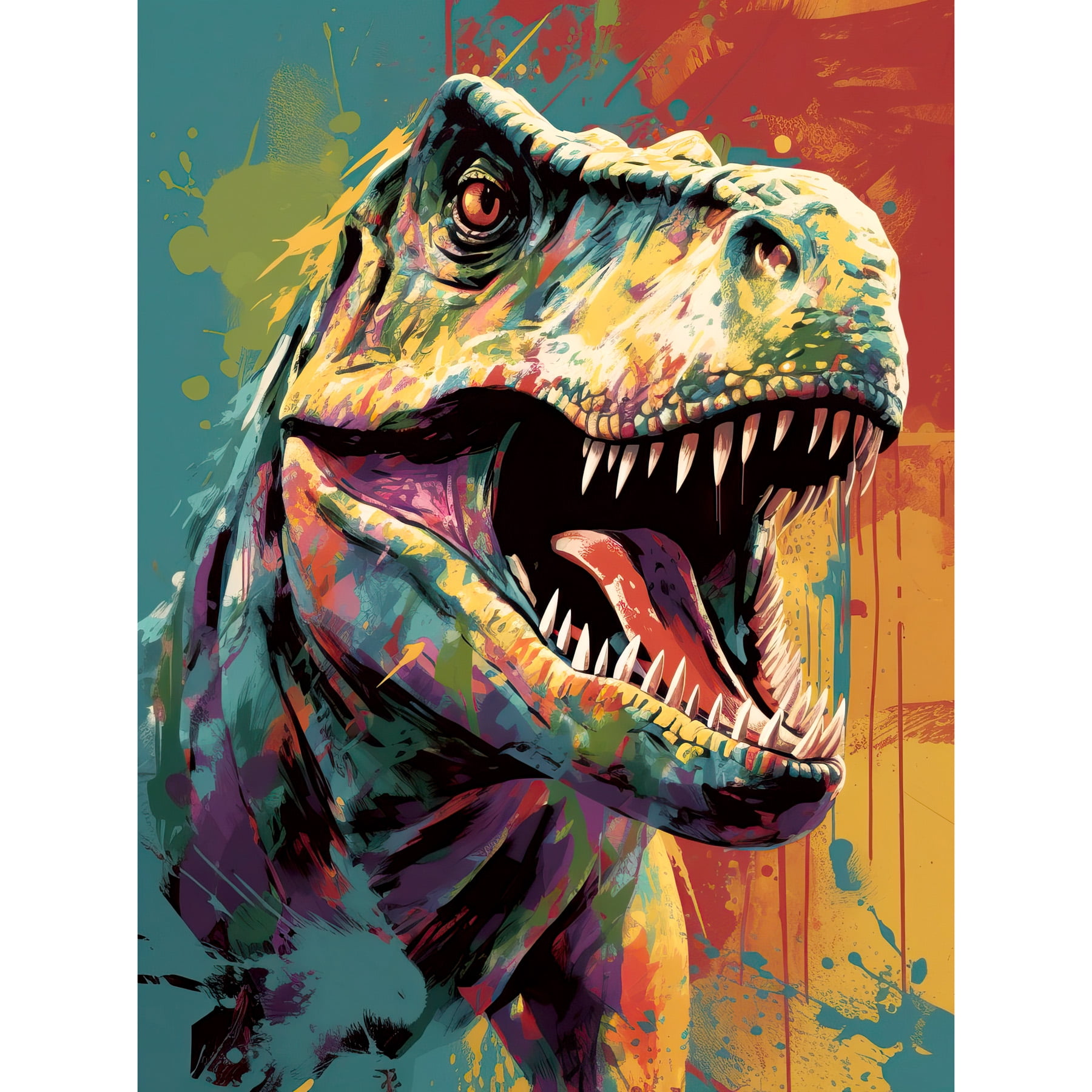 Roaring T-Rex Multicoloured Dinosaur Portrait Unframed Wall Art Print ...