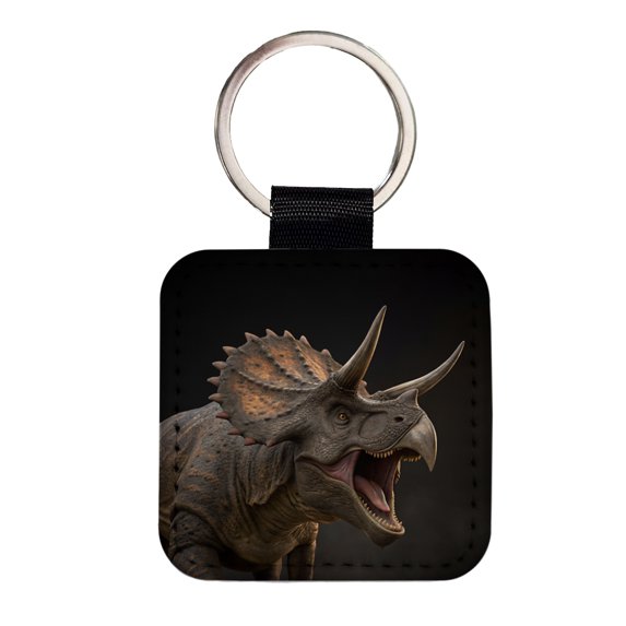 Roaring Triceratops Dinosaur Realistic Faux Leather Square Keychain ...