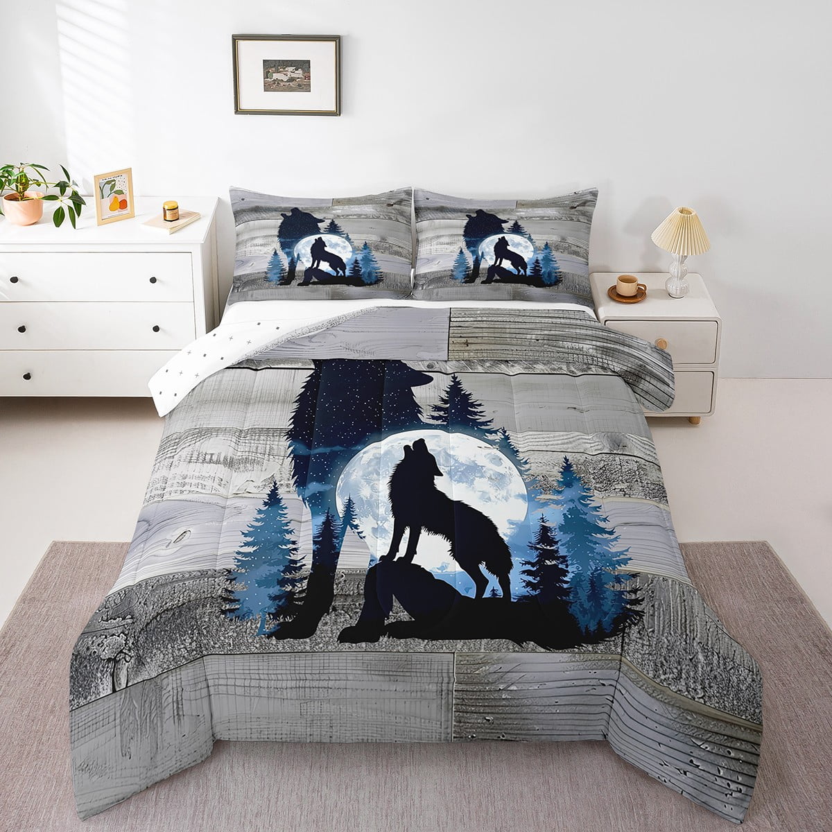 Roaring Wolf Queen Comforter Set, Safari Animals Hunting Wolves Soft ...