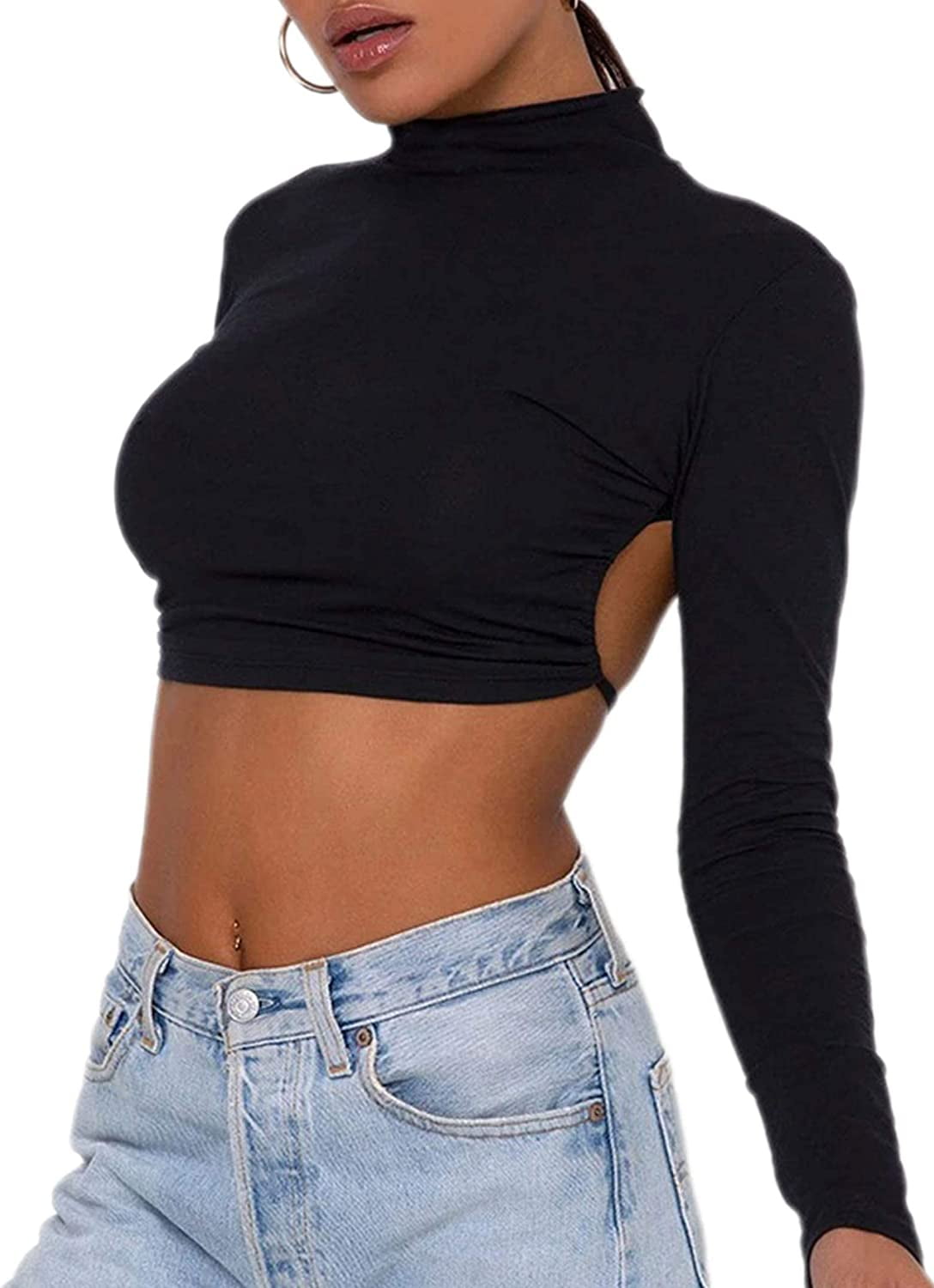 Roaso Women's Backless Crop Top Mock Neck Long Sleeve Tops Sexy ...
