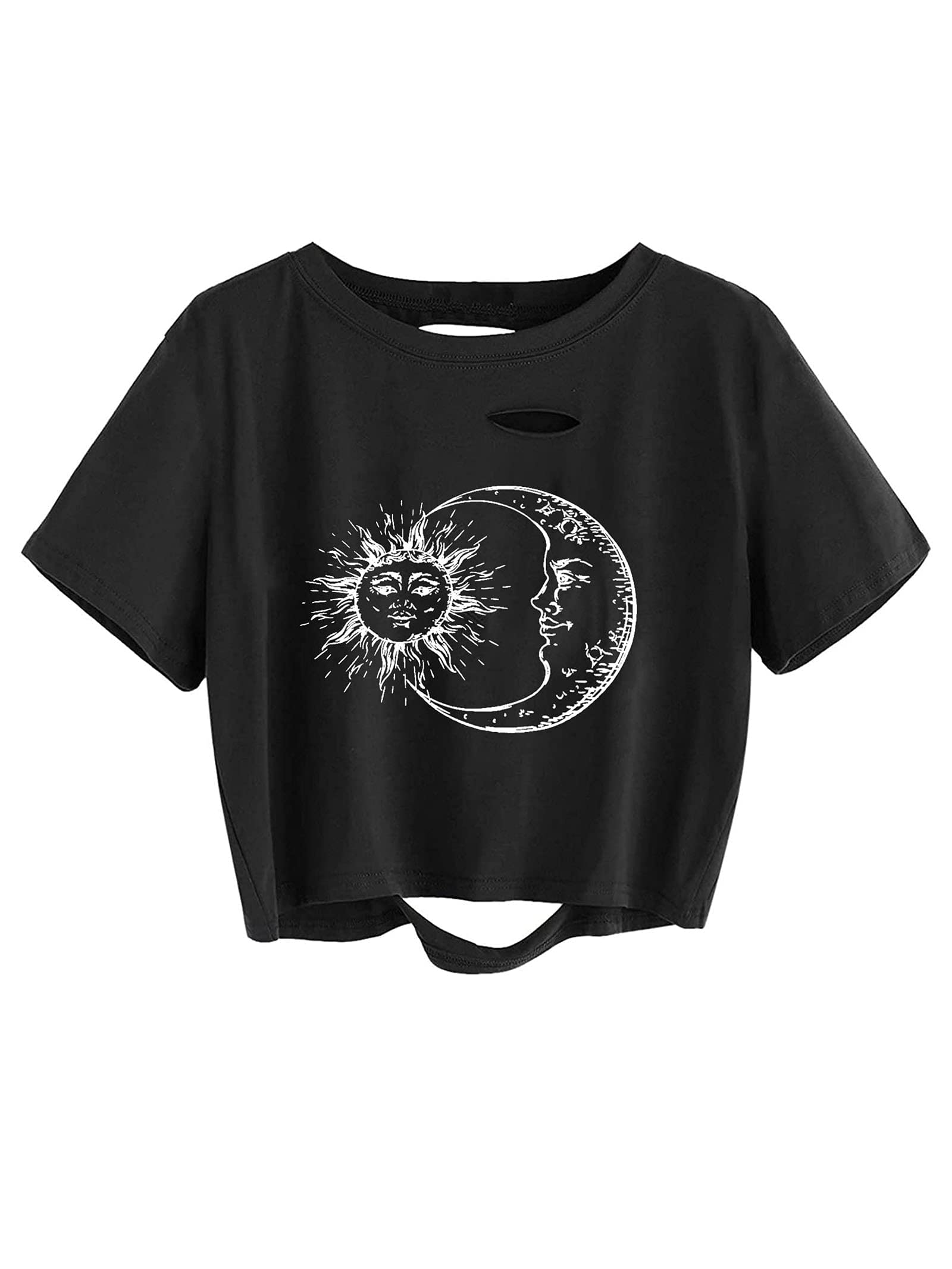 Roaso Women's Cut Out Crop Tops Short Sleeve Ripped Graphic T Shirt ...