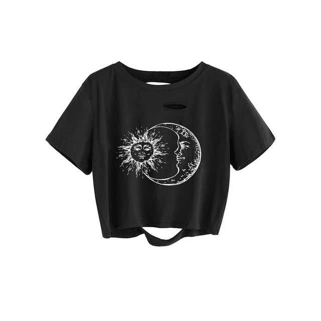 Roaso Women's Cut Out Crop Tops Short Sleeve Ripped Graphic T Shirt ...