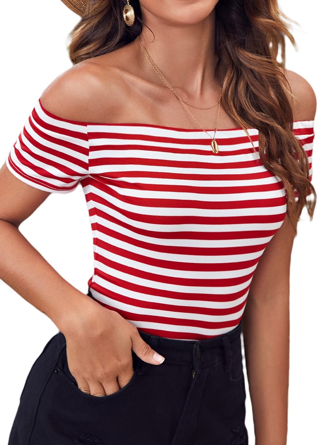 Roaso Women's Elegant Off Shoulder T-Shirt Stripe Short Sleeve Modal ...