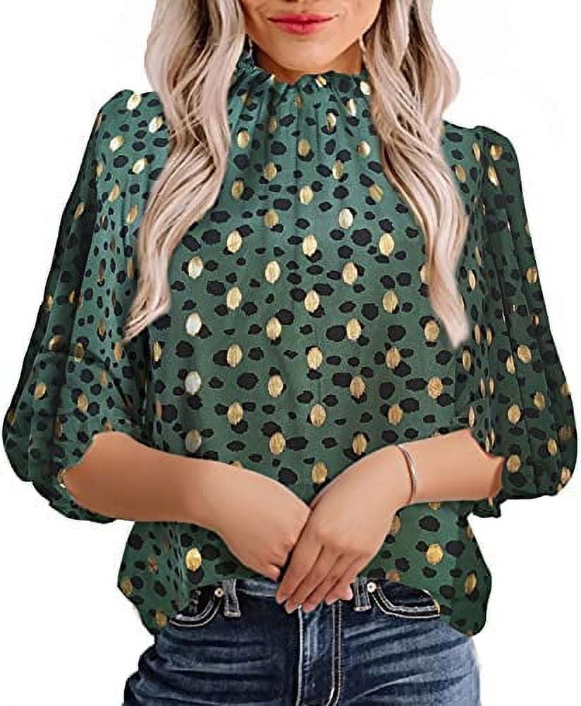Roaso Women's Leopard Print Top Ruffled Mock Neck Shirts 3/4 Sleeve ...