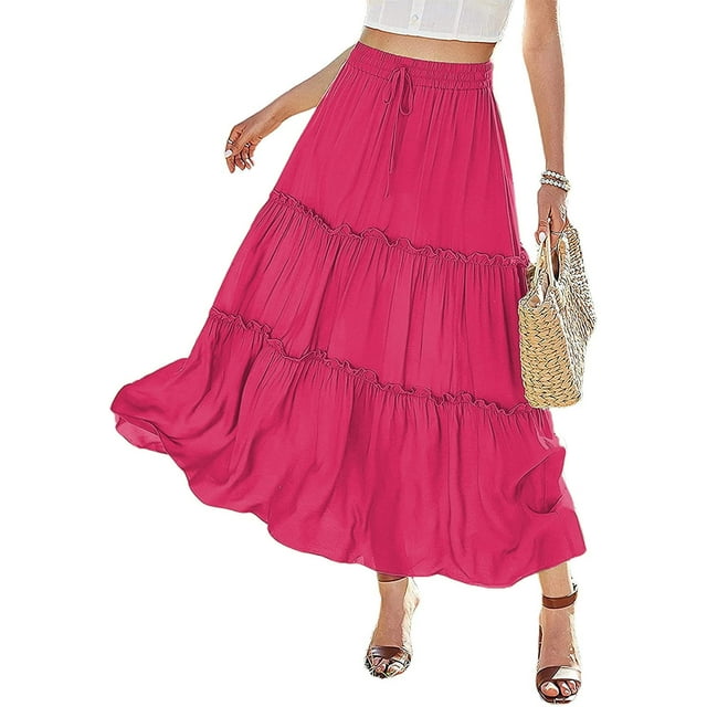 Roaso Women's Maxi A Line Skirt Causal Ruffle Pleated High Waist Long ...