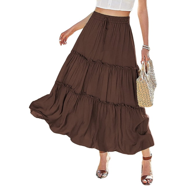 Roaso Women's Maxi A Line Skirt Causal Ruffle Pleated High Waist Long ...