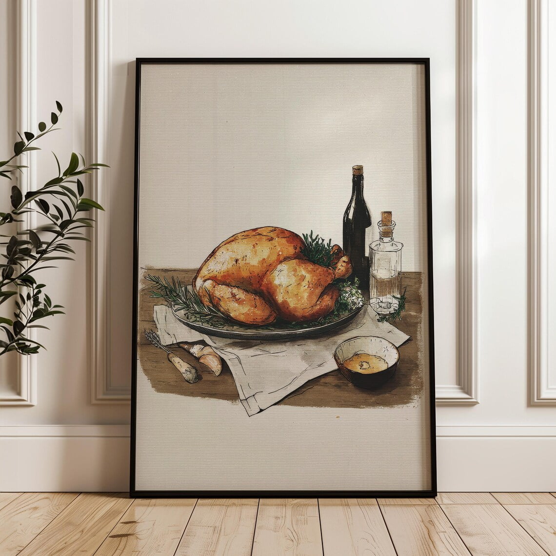 Roast Chicken Poster, Hand-Drawn Food Illustration Wall Art Print ...