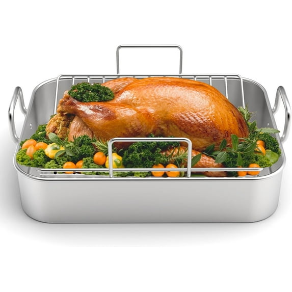 Roasting Pan, 17*13 Inch Stainless Steel Turkey Roaster with Rack - Deep Broiling Pan & V-shaped ...