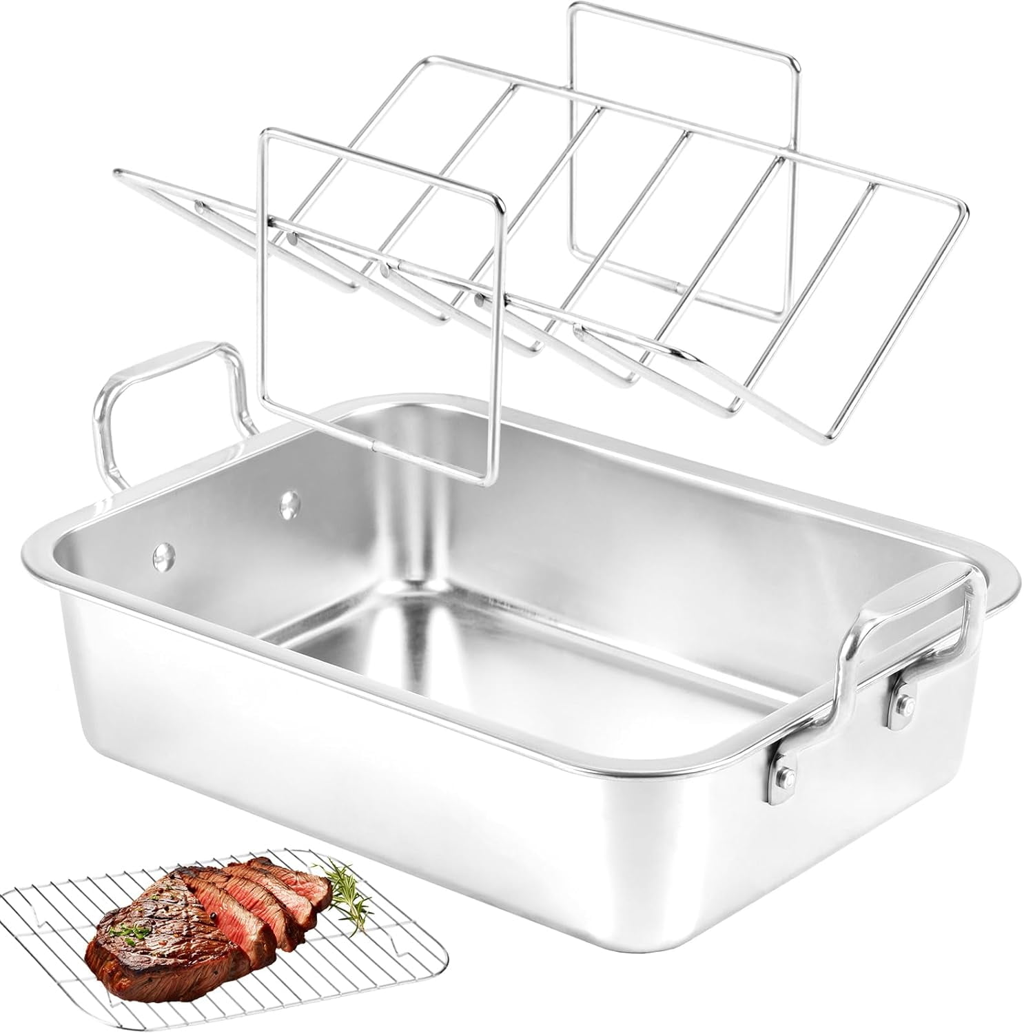 Roasting Pan with Cooling Rack - Stainless Steel Large Turkey Roaster Pan for Turkey, Chicken ...
