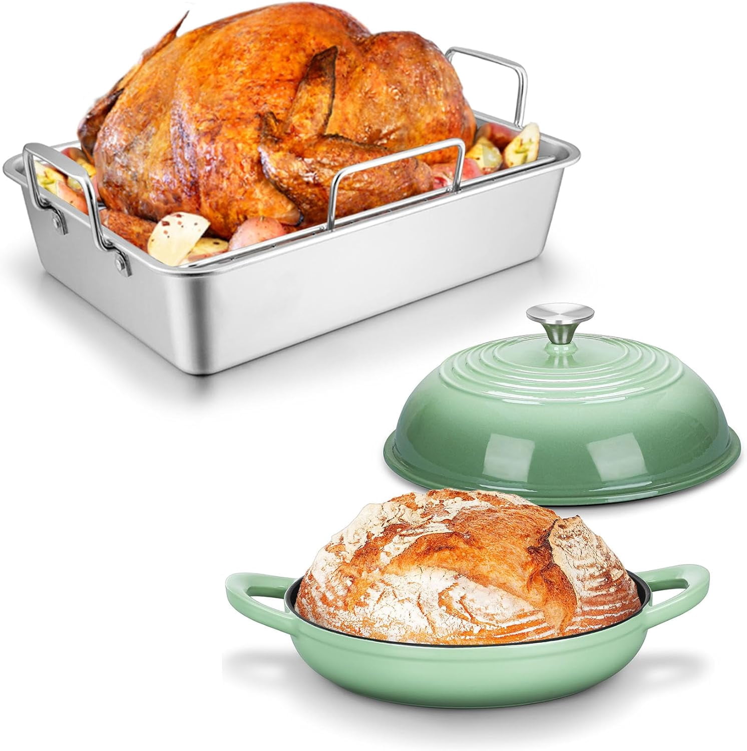 Roasting Pan with Rack & Bread Dutch Oven for Sourdough Baking, Roaster ...