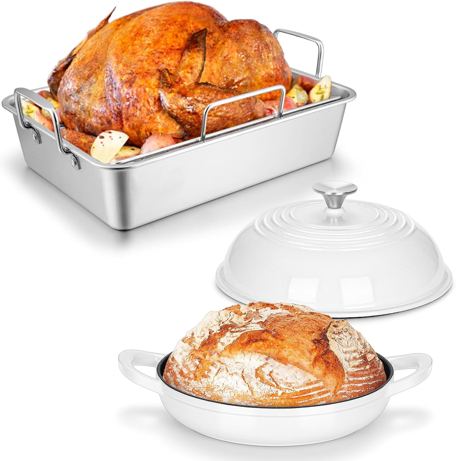 Roasting Pan with Rack & Bread Dutch Oven for Sourdough Baking, Roaster ...