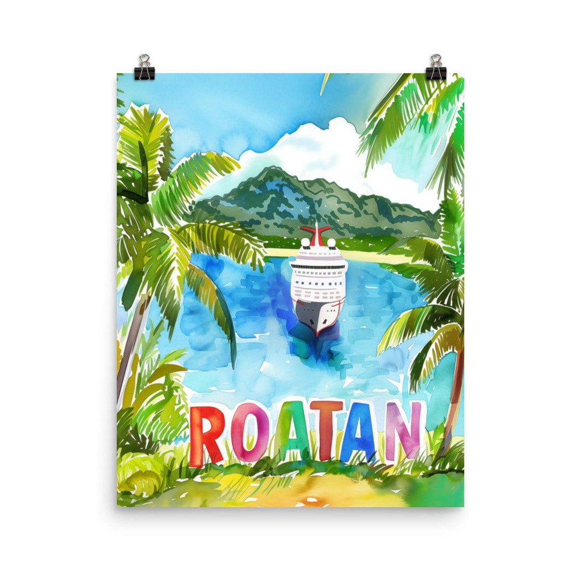 Roatan Print, Tropical Island Cruise Ship Wall Art, Caribbean Coastal ...