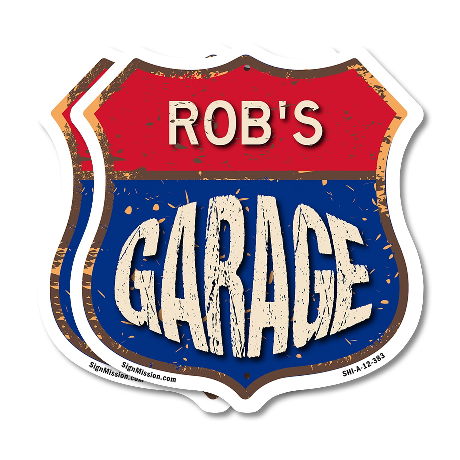 Rob's Garage (2 Pack) 12 inch X 12 inch Shield Shaped Commercial Grade Plastic Signs Weather ...