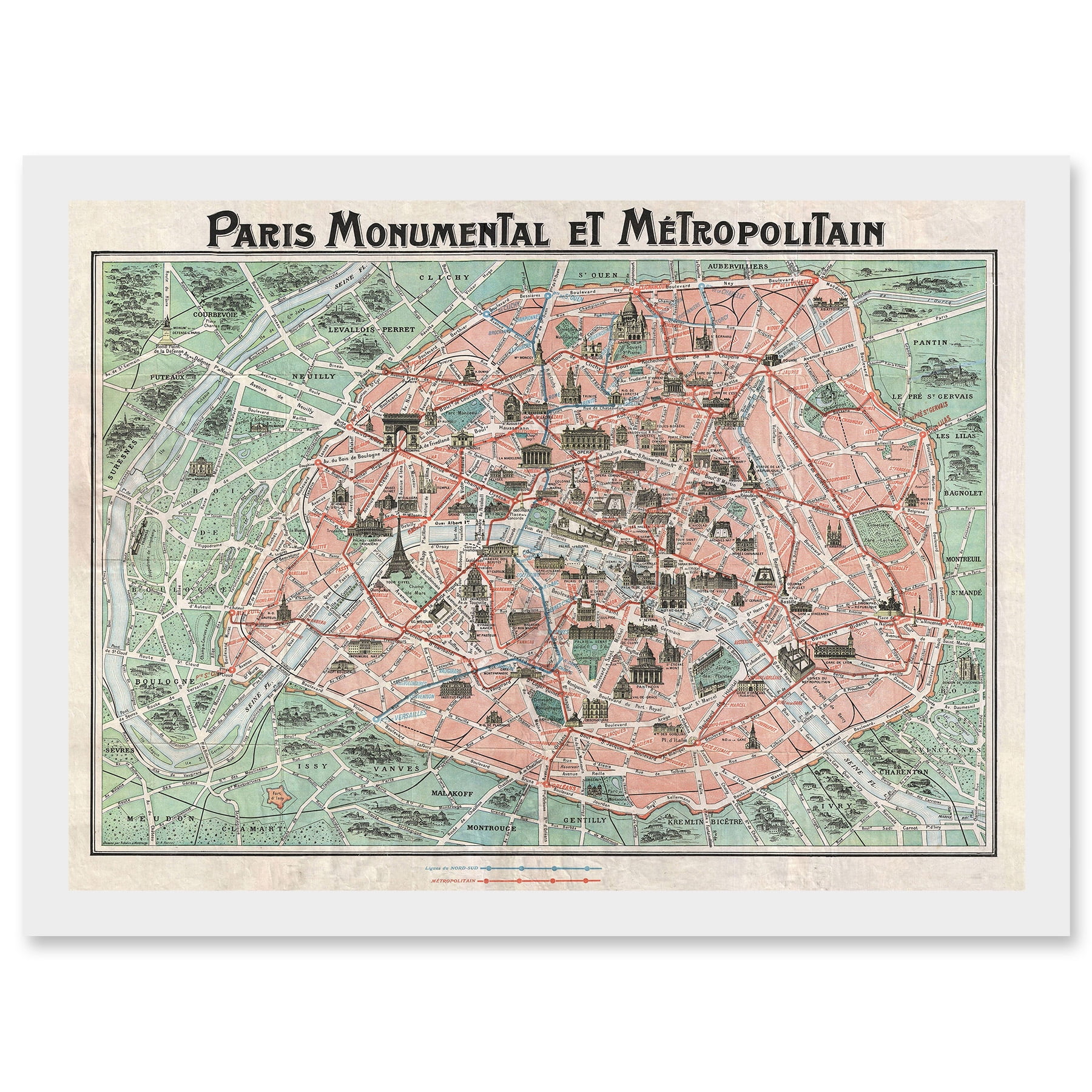 Robelin Paris Metropolitan Monument Map France Artwork Framed Wall Art ...