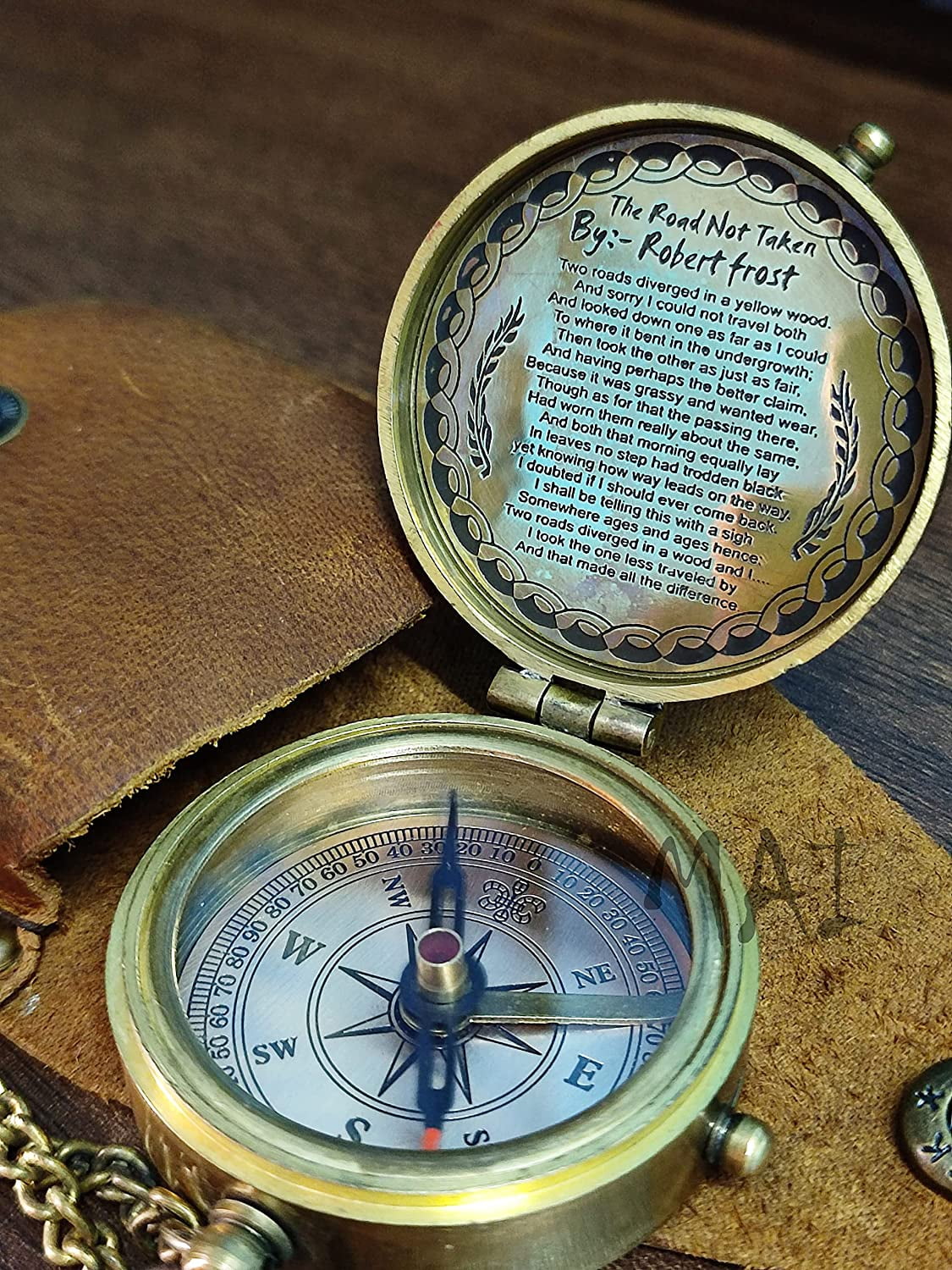 Robert Frost Antique Brass Poem Compass with Engraved Leather Case for ...