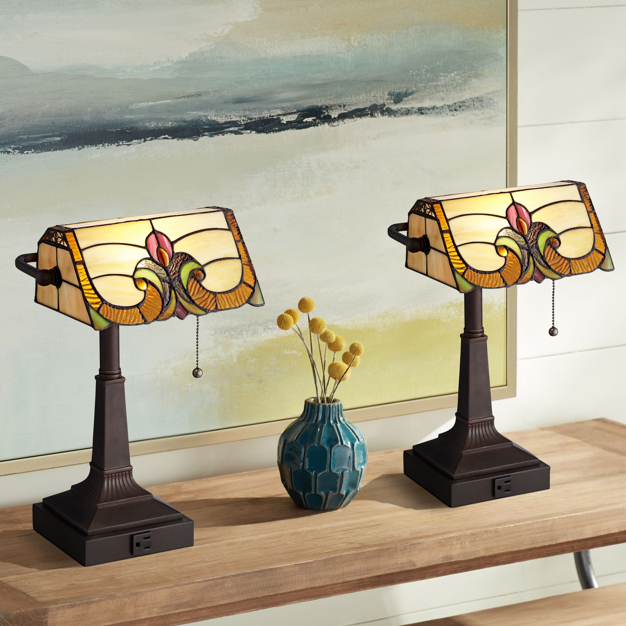 Robert Louis Tiffany Fleura 17" High Small Rustic Banker Desk Lamps Set ...