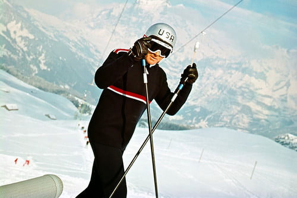 Robert Redford in Downhill Racer on ski slopes wearing helmet 1969 ...