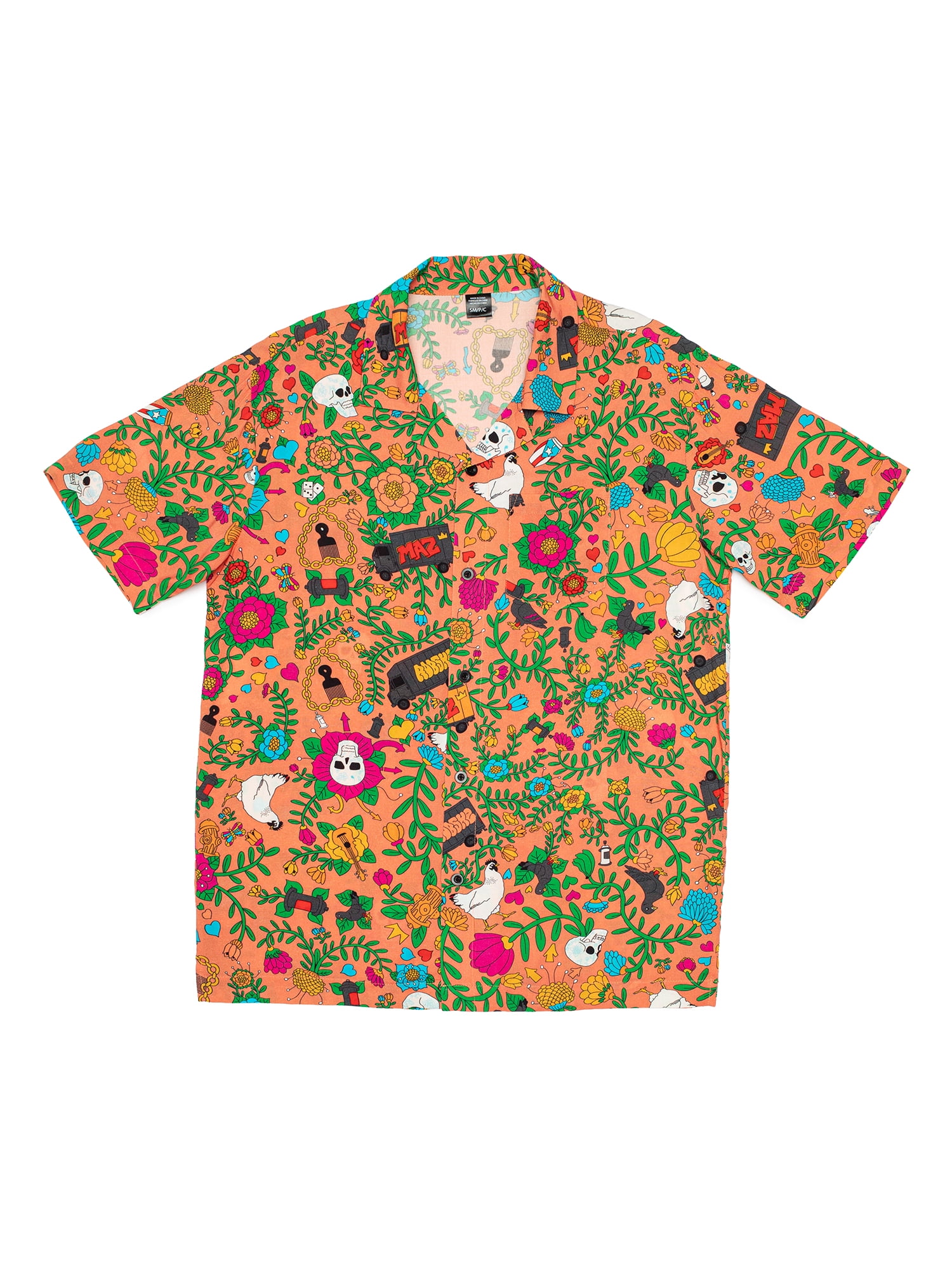 Roberto Lugo All Gender Floral Skulls and Trucks Printed Rayon Button ...
