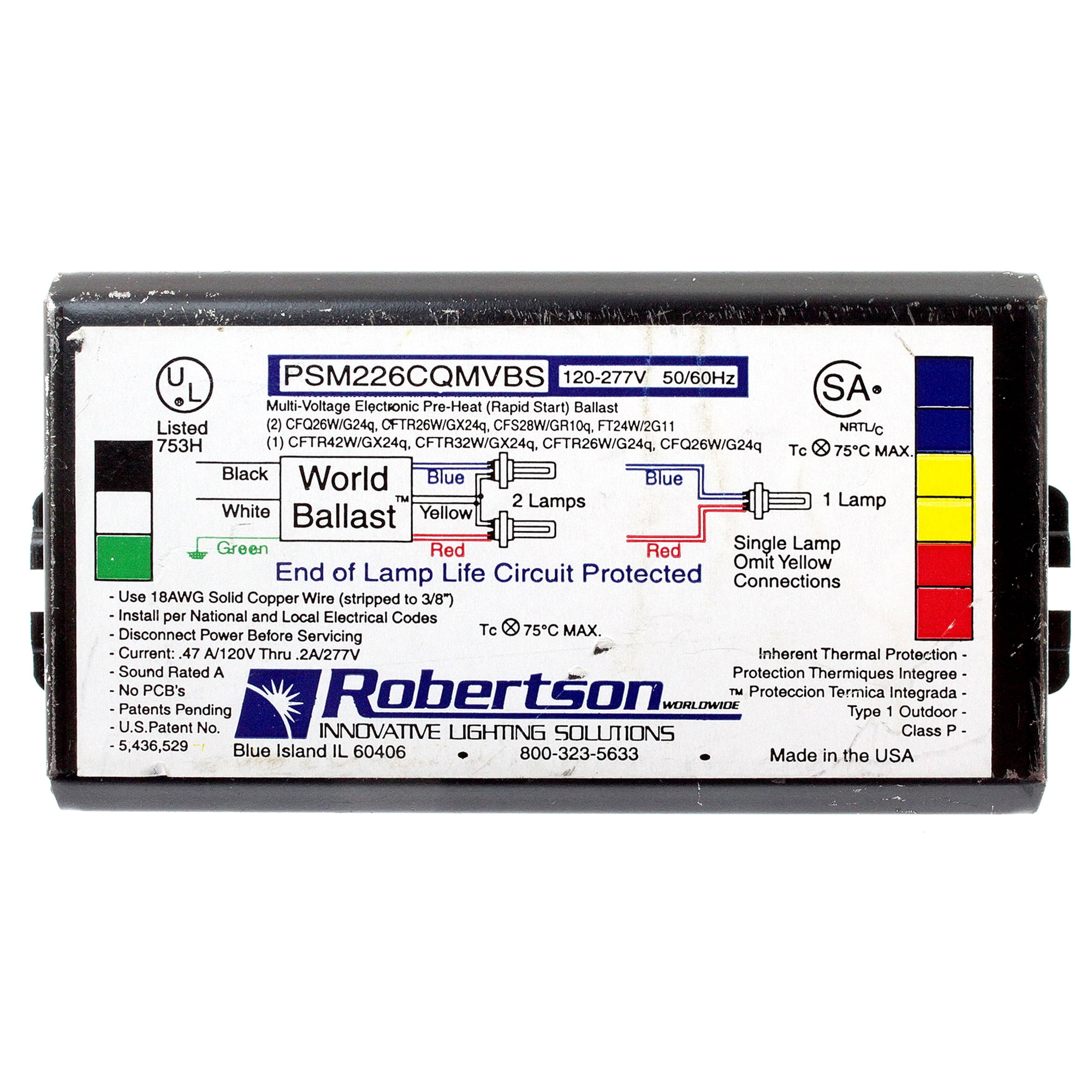 Robertson PSM226CQMVBS Compact Fluorescent Ballast, CFL, 2 Lamp, 26W ...