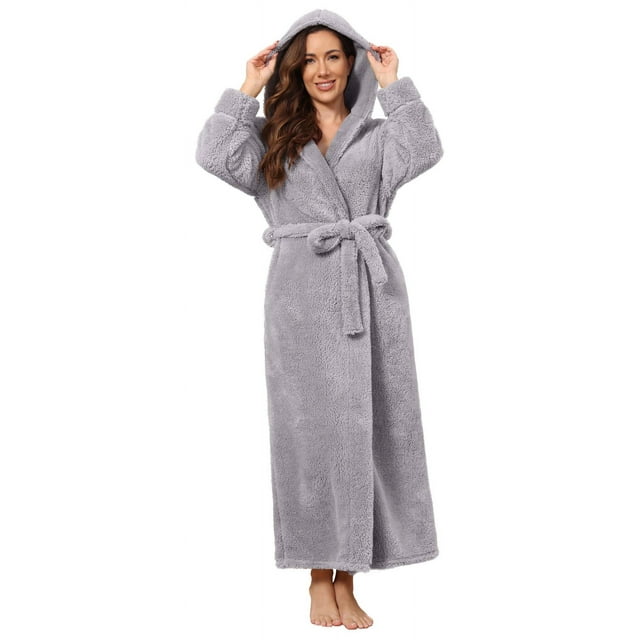 LOFIR Women's Full-Length Fleece Hooded Robe with Pocket, Winter Warm ...