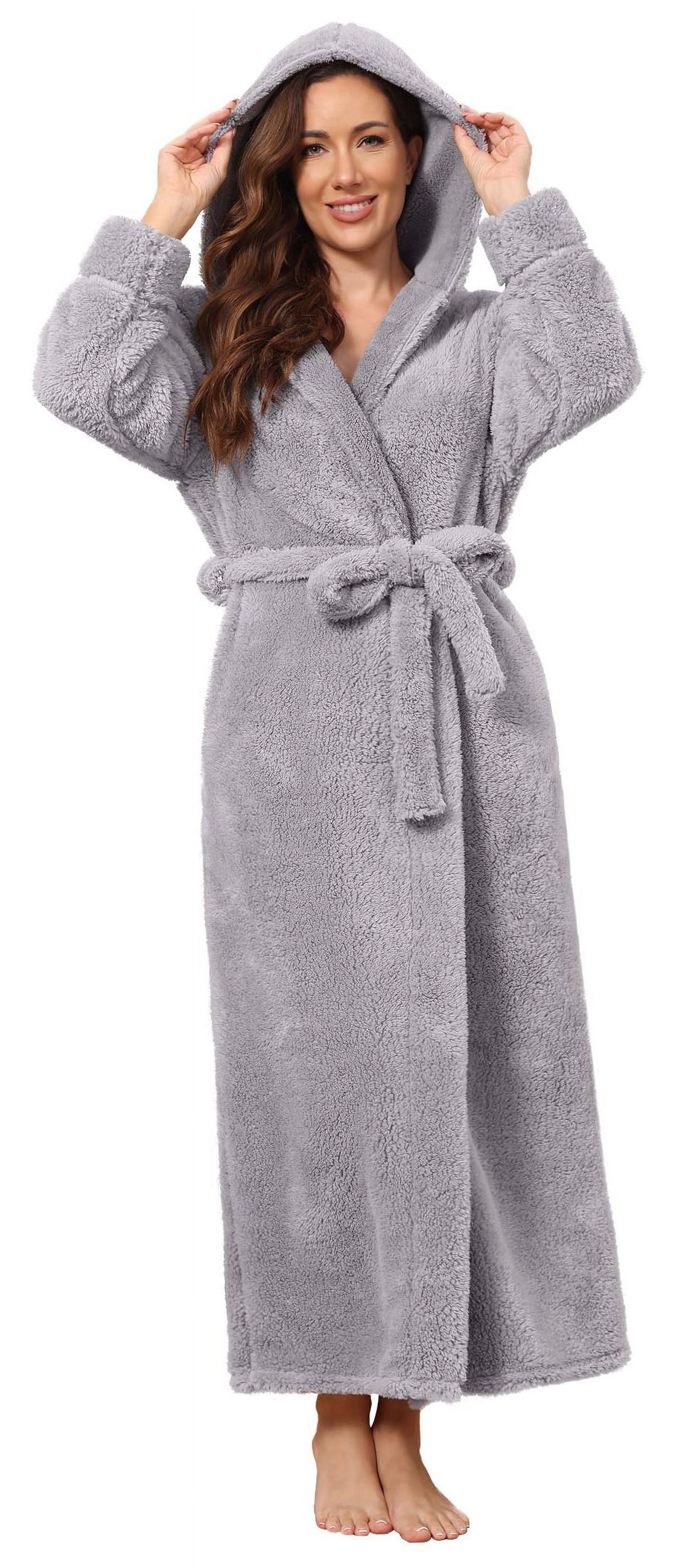 LOFIR Women's Full-Length Soft Fleece Robes, Hooded Plush Bathrobe with Side Pocket, Winter Warm ...