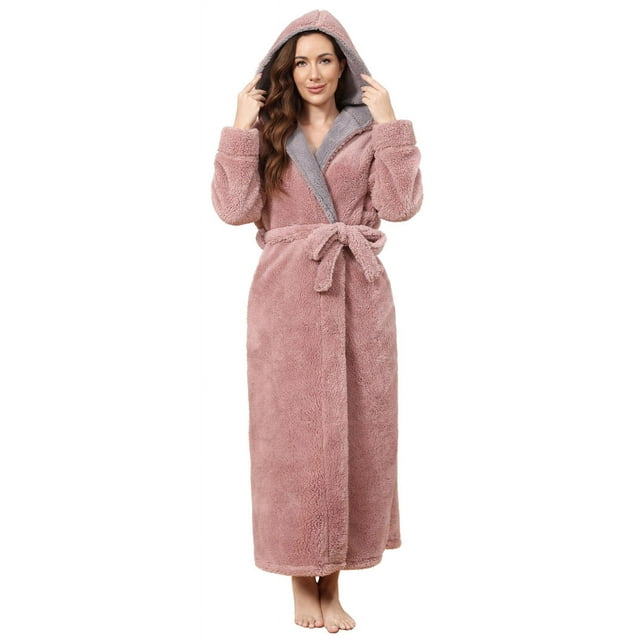 LOFIR Women's Full-Length Robe, Soft Fleece Hooded Bathrobe with Side ...