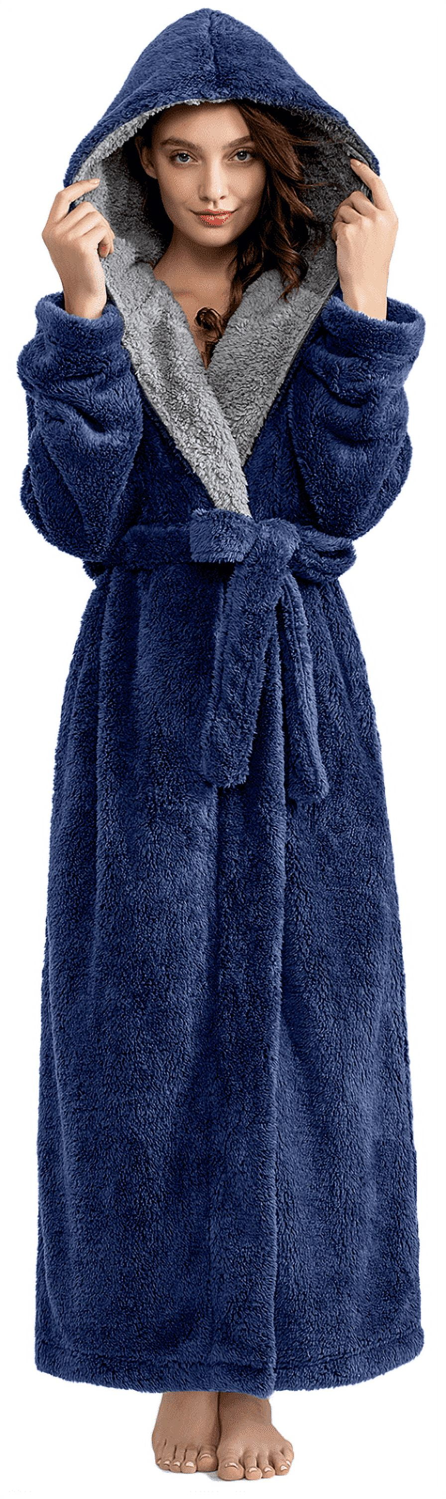 LOFIR Women's Full-Length Soft Fleece Hooded Robe, Dark Blue with Side ...