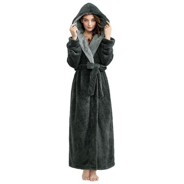 LOFIR Women's Full-Length Fleece Robe with Hood, Pockets & Belt, XL ...
