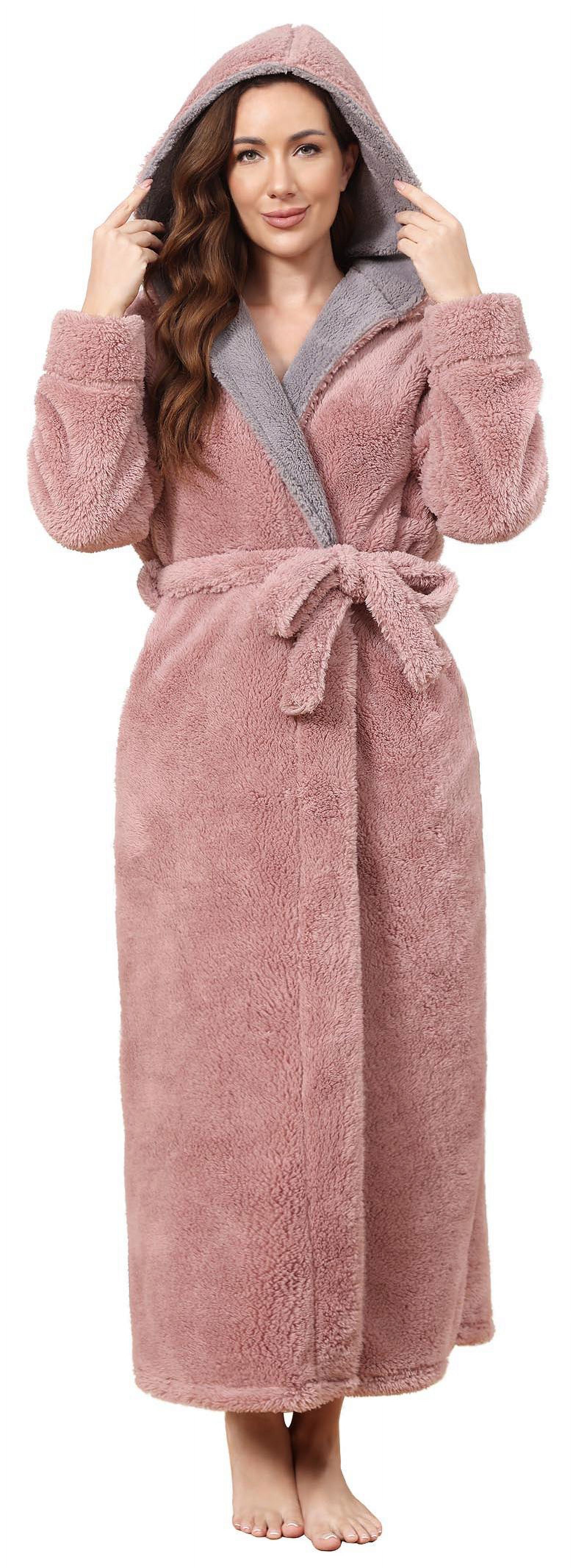LOFIR Women's Full-Length Robe, Soft Fleece Hooded Bathrobe with Side Pocket, Plush Winter Warm ...