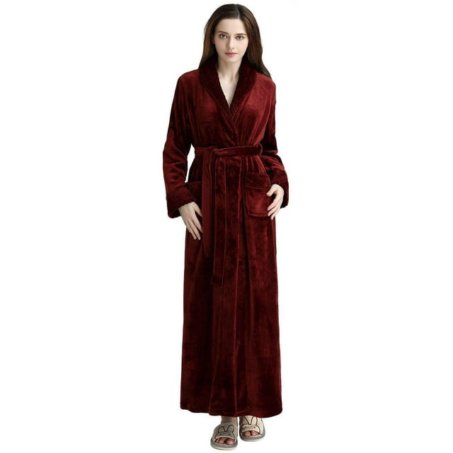 LOFIR Women's Long Fleece Bathrobe with Front Pocket, Adjustable Belt, Wine Red, L/XL - Walmart.com