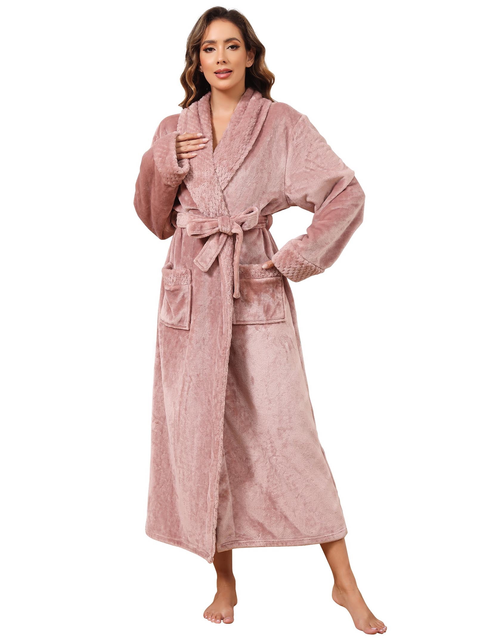 LOFIR, Womens Robe, Long Fleece Bathrobe with Pockets, S/M Taupe ...