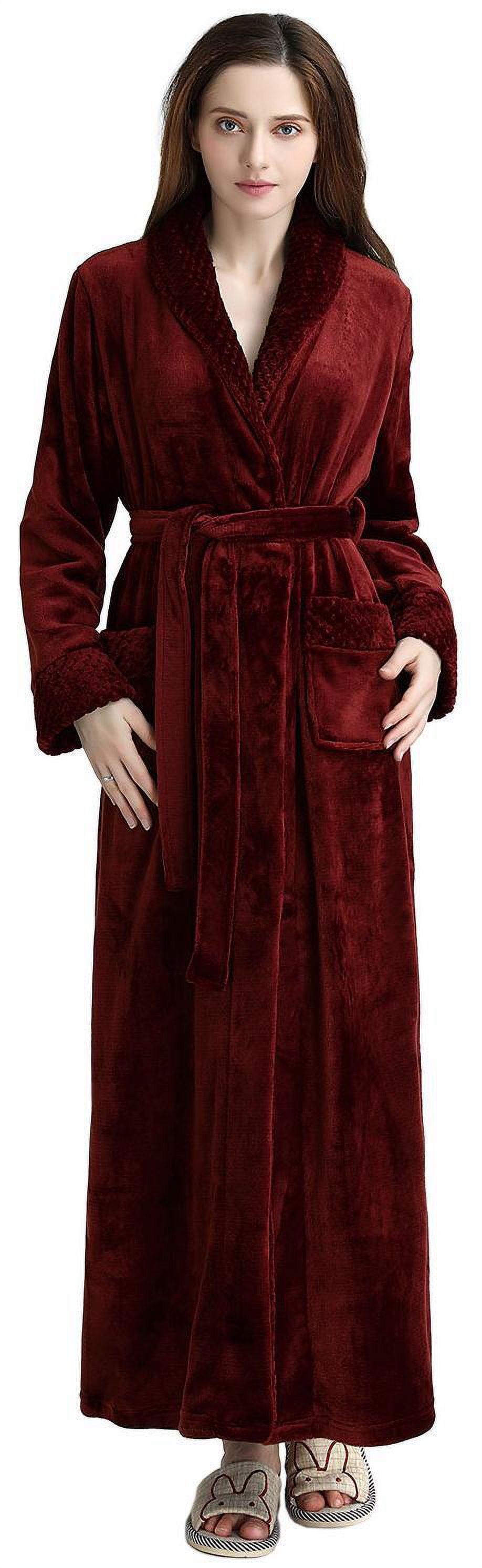 LOFIR Women's Long Fleece Robe, Soft Fluffy Bathrobe with Pockets, Wine ...