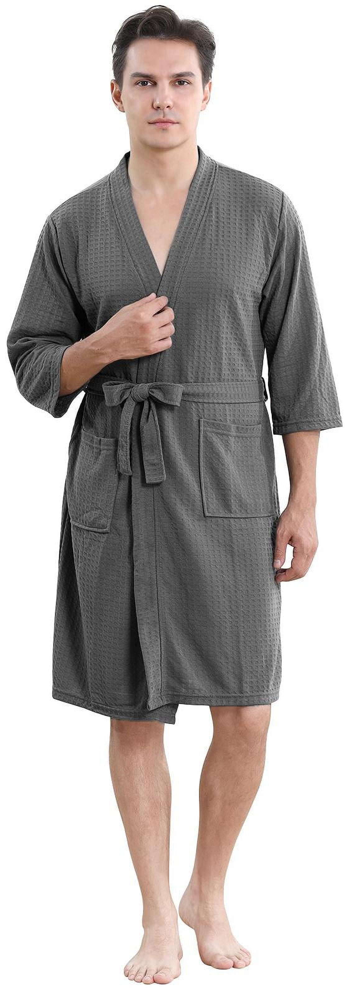 PUTUO Men's Long Length Robe, Lightweight Cotton Spa Nightgown, Grey ...