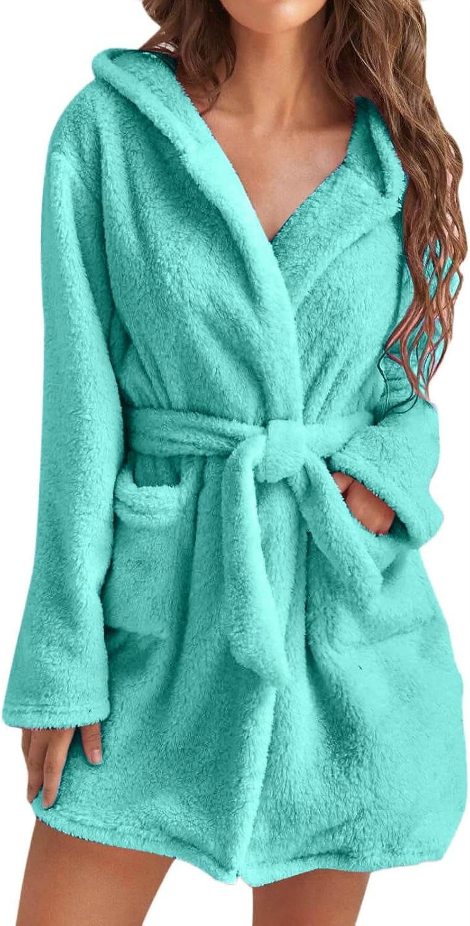 Robes for Women Bathrobe Hooded Fuzzy Short Robe with Belt and Pockets ...