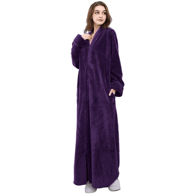 LOFIR Women's Lightweight Full Length Zip Bathrobe, Soft Fluffy Fleece ...