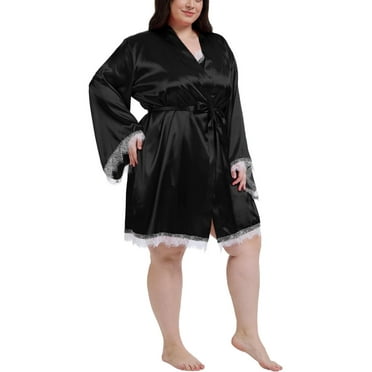 Plus Size Long Sleeve Black Satin Robe - Walmart.com