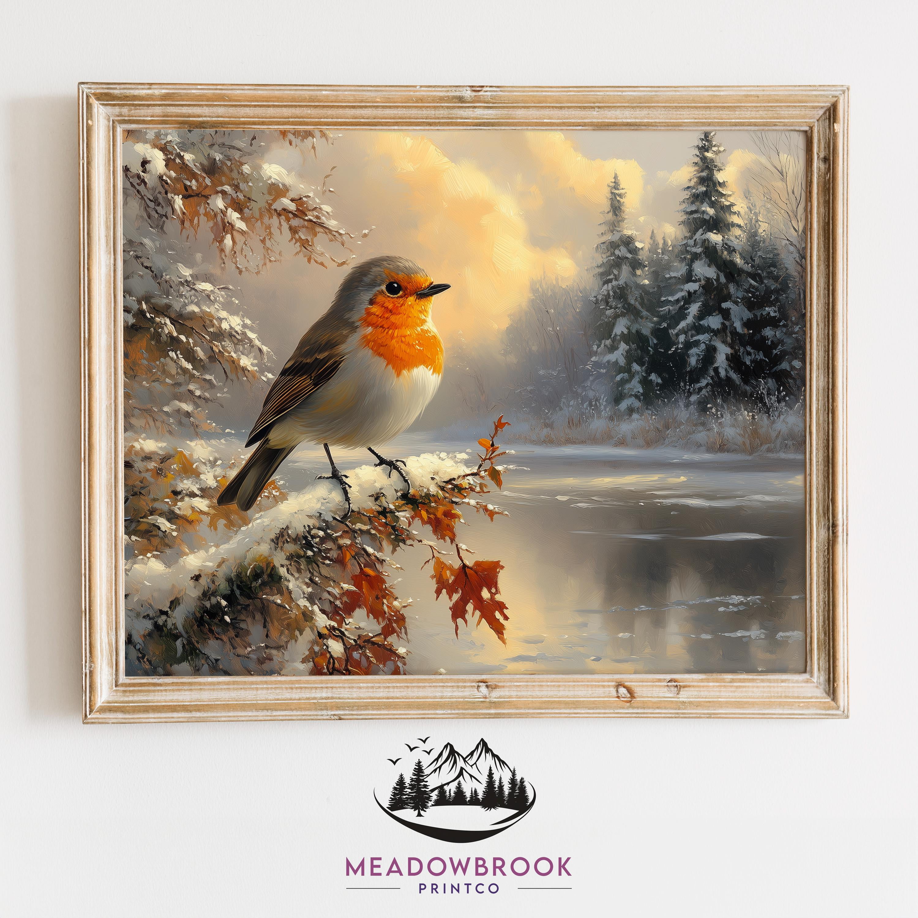 Robin Bird Frosted Maple Branch Winter Scene Printable Cozy Cottagecore ...