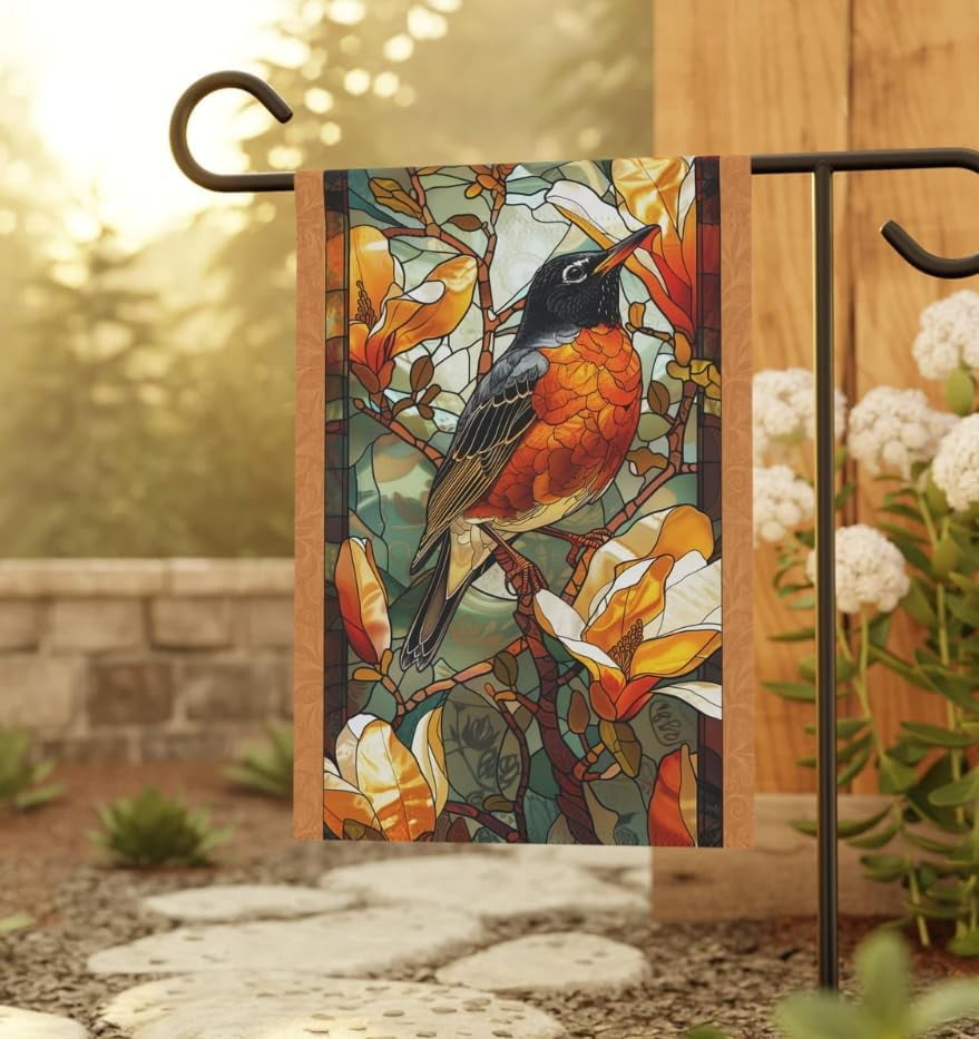 Robin Bird Lover Seasonal Flower Floral Daisy Stained Glass Welcome ...