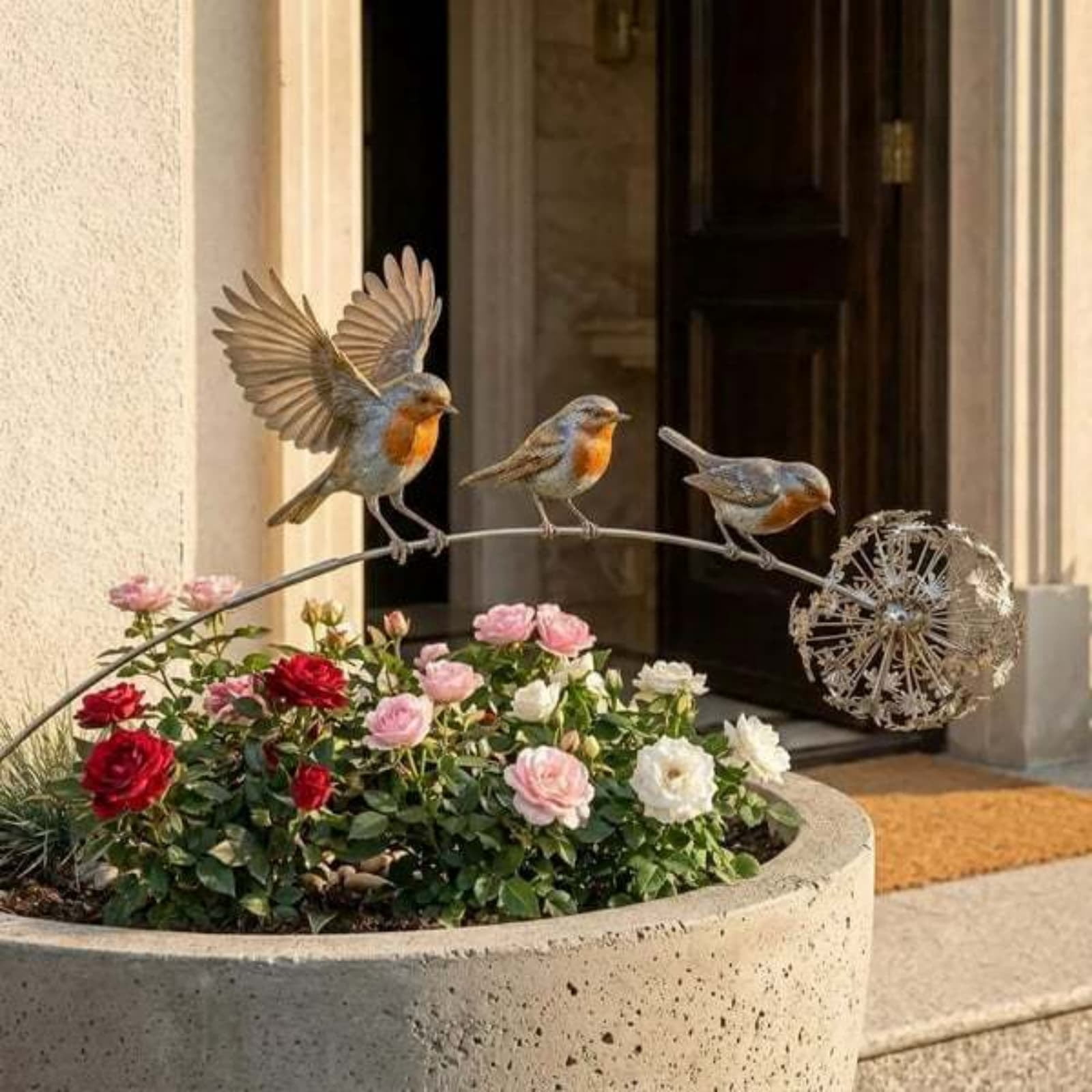 Robin Garden Stake, 3 Robin Birds & Dandelion Metal Outdoor Yard Art ...