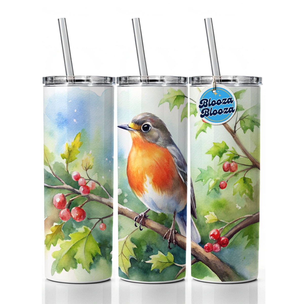 Robin In Tree Bird Watercolor 20oz Insulated Water Bottle Skinny ...
