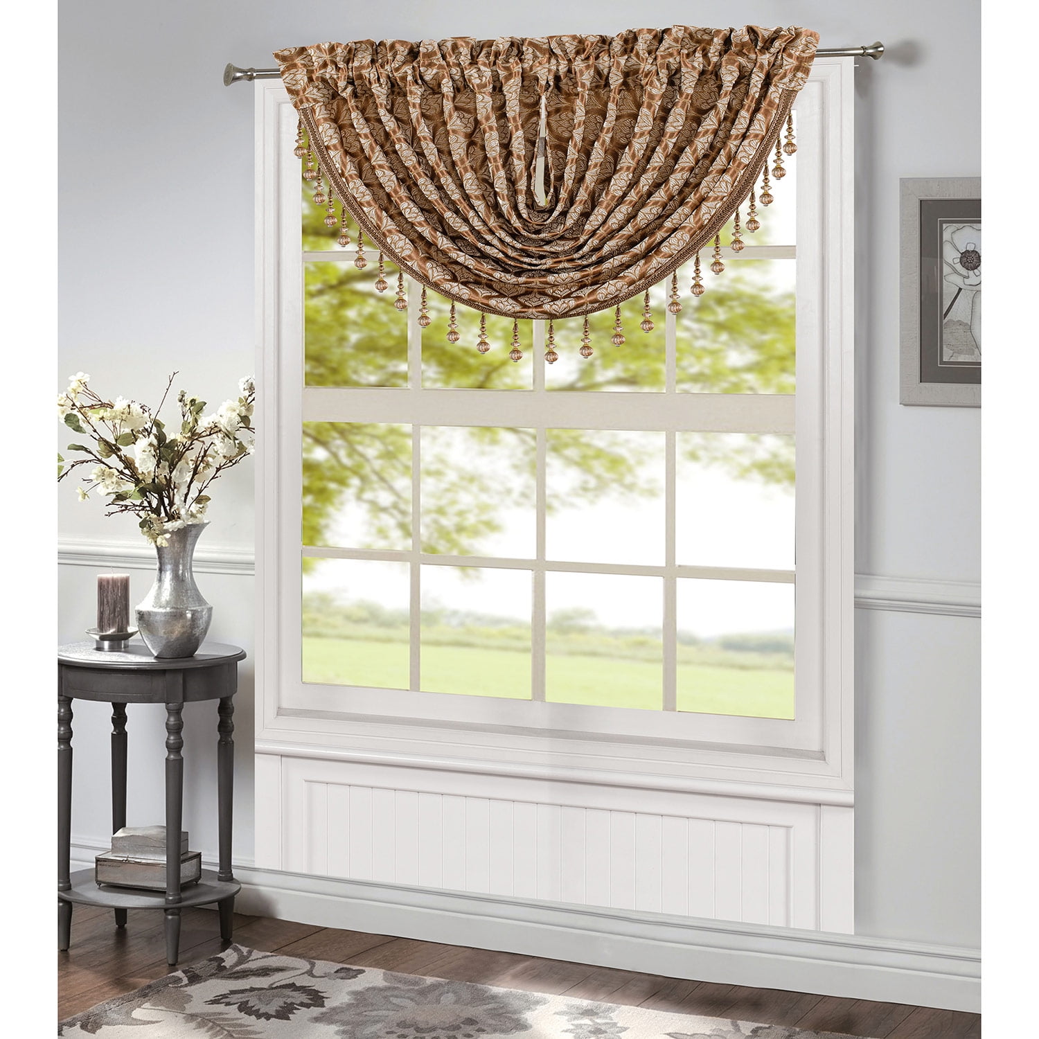 Robin Jacquard Rod Pocket Waterfall Window Valance with Beads, Taupe ...