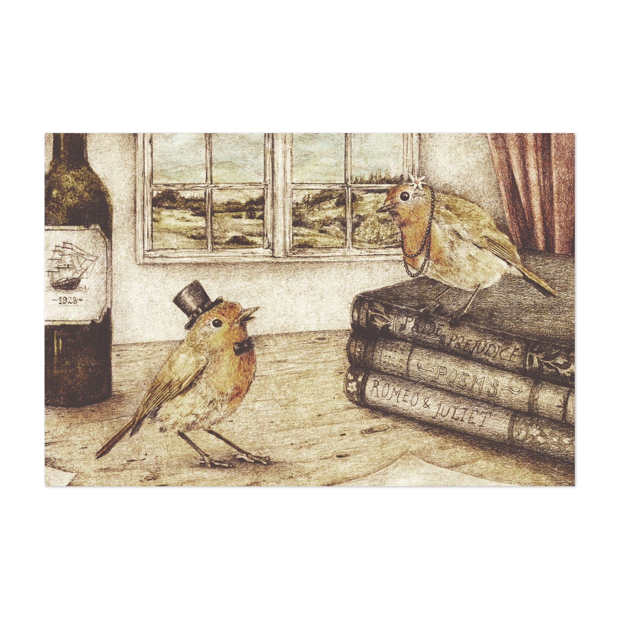 Robin love - Drawing Bird Vintage Humor Surrealism Fashion Art Deco ...