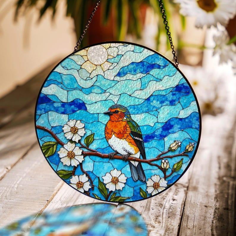Robin on Blossom Tree Round Stained Glass Style Suncatcher Window ...