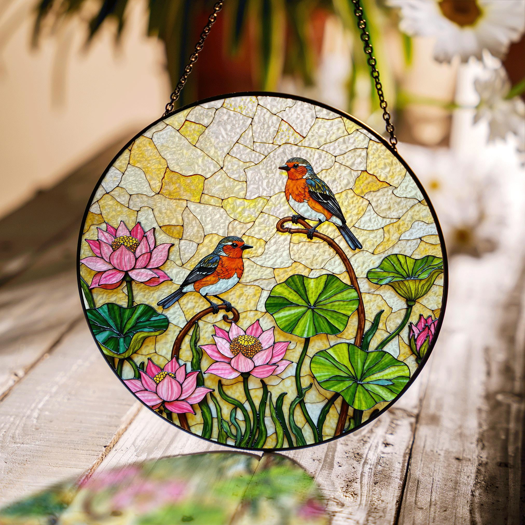 Robins and Lotus Floral Glass Suncatcher, Window Decor Gift for Garden ...
